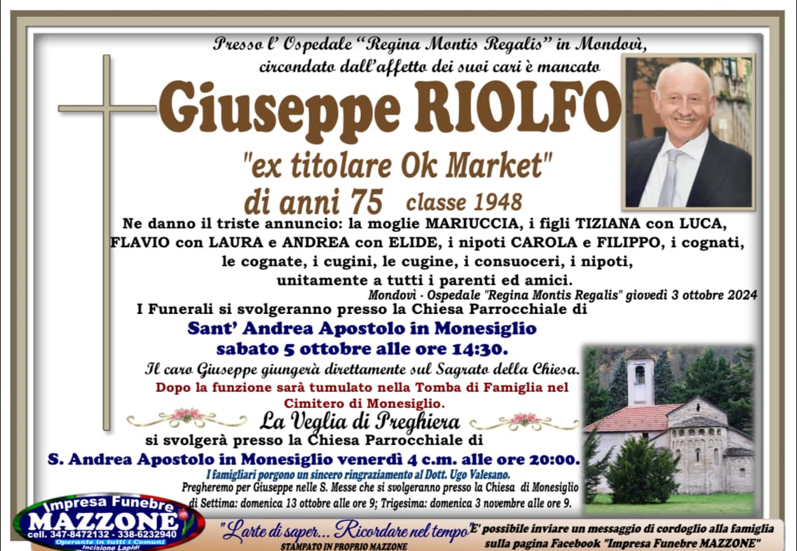 Monesiglio piange per la morte del commerciante Giuseppe Riolfo